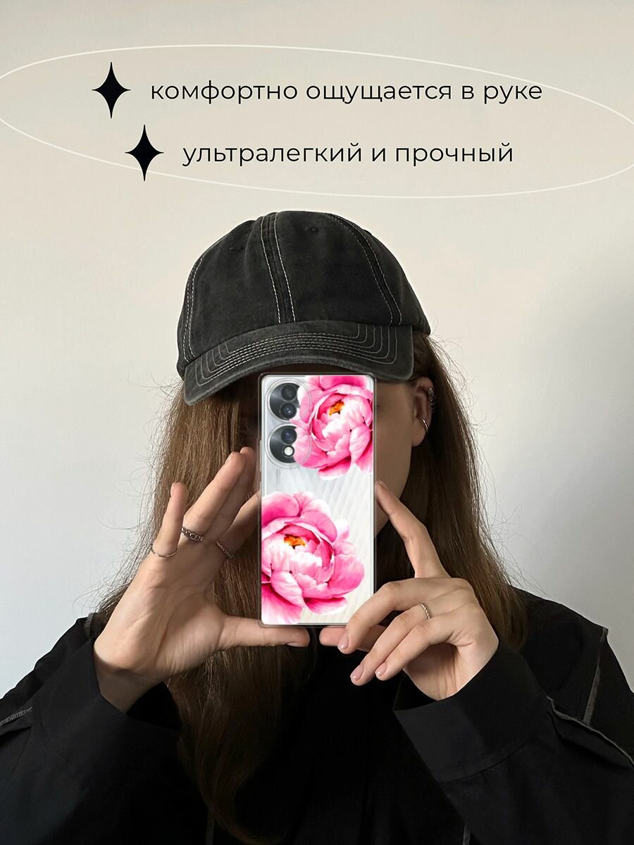 Чехол на Honor 70 / Хонор 70 с принтом "Open peonies", прозрачный — фото 1
