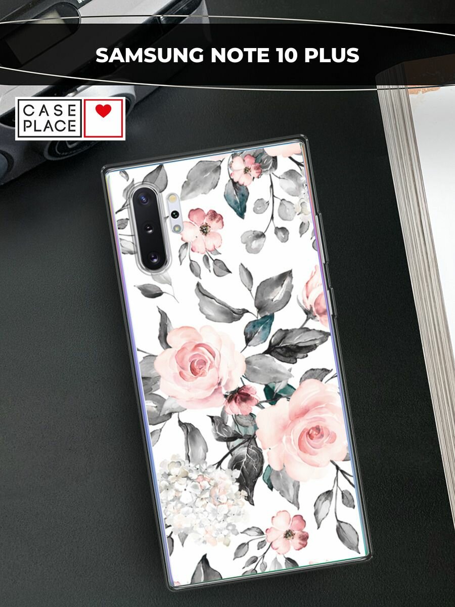 Чехол на Samsung Galaxy Note 10 + / Самсунг Гэлакси Нот 10 Плюс с принтом "Розы на белом"