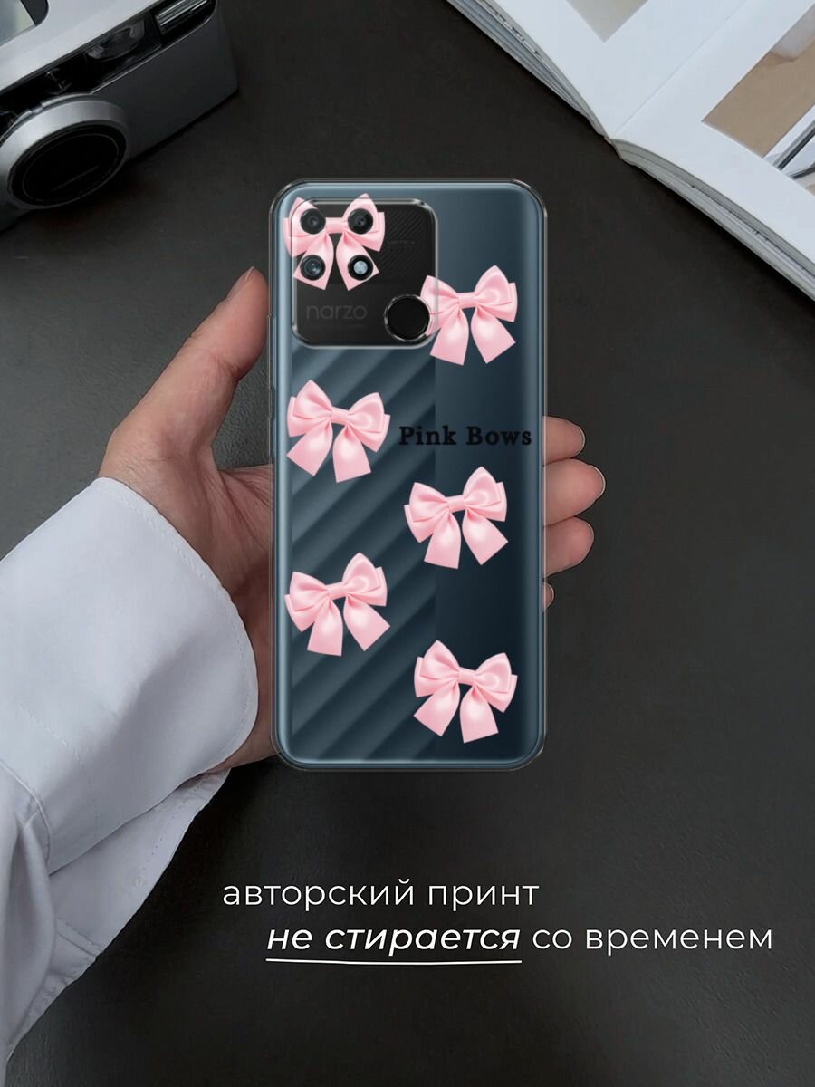 Чехол на Realme Narzo 50A / Реалми Нарзо 50A с принтом "Pink Bows", прозрачный — фото 1