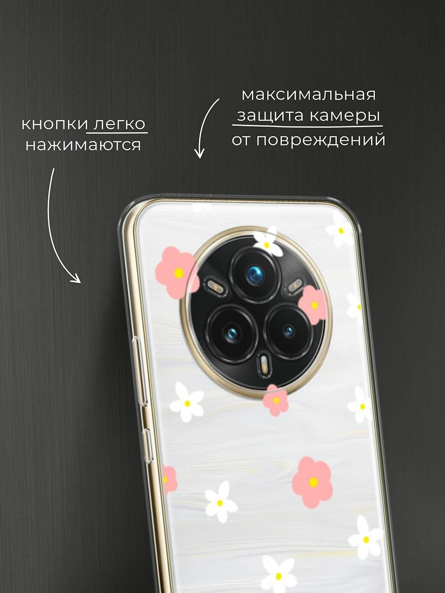Чехол на Realme 14 Pro+ / Реалми 14 Про+ с принтом "Розовые и белые цветы", прозрачный — фото 1