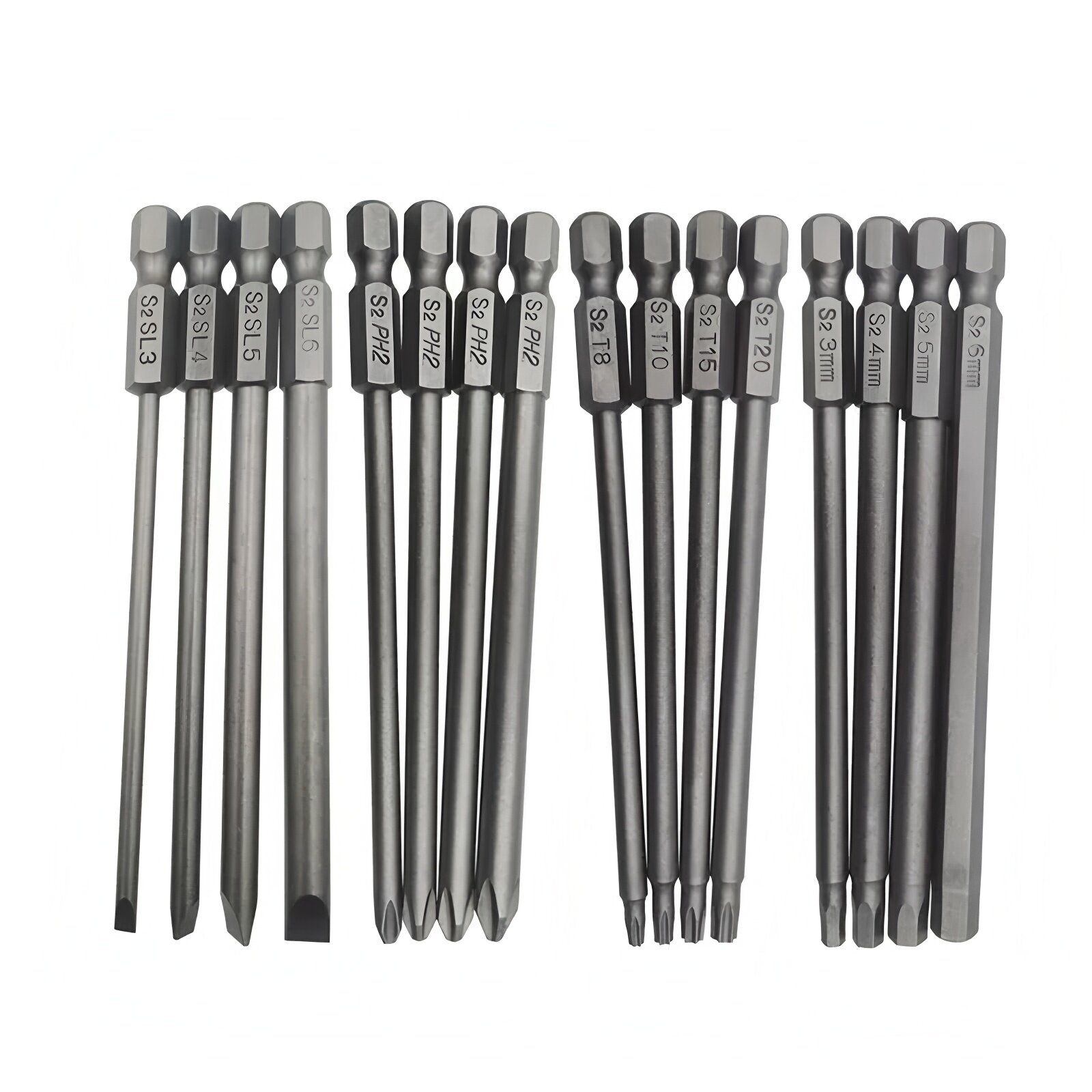 16шт Длинные магнитные отвертки Bits Set Seted + Cross + Hex + Torx сверло набор 1 4 дюйма шестигранника длиной 100 мм