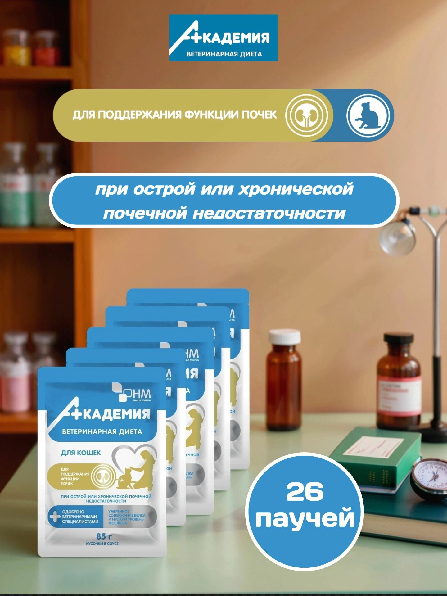 Влажный корм Академия для кошек при заболевании почек 26*85 г