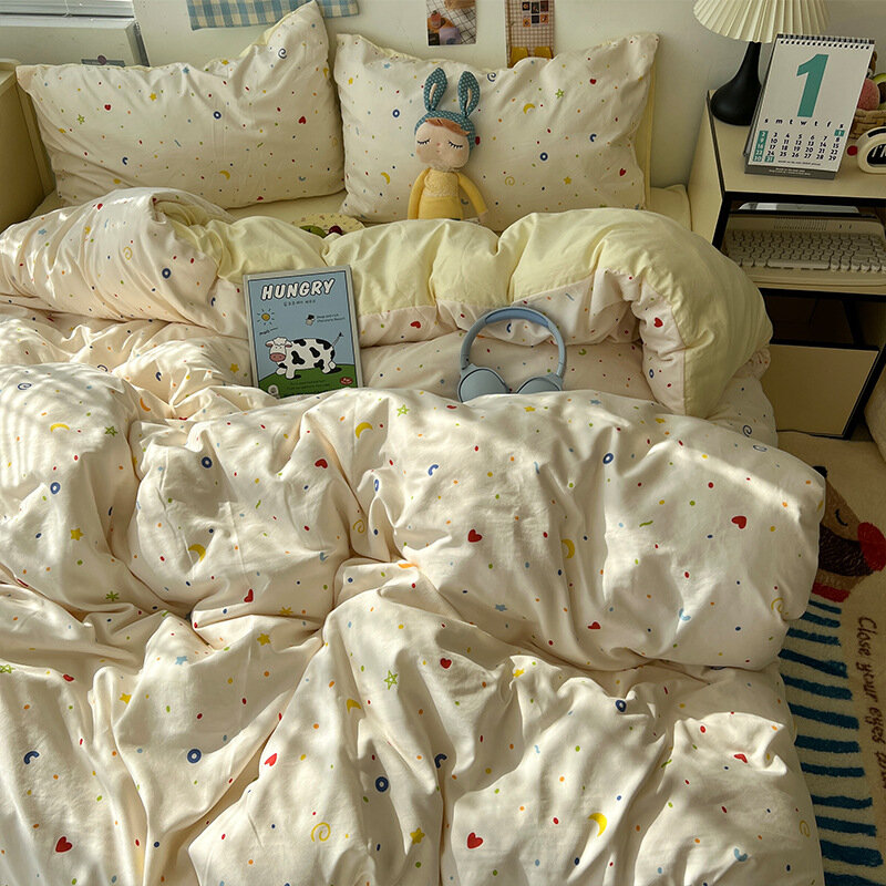 Комплект из четырех простыней из стираного хлопка с милым рисунком (класс А), осеннее постельное белье, пододеяльник для студенческого общежития, комплект из трех предметов,180*220cm