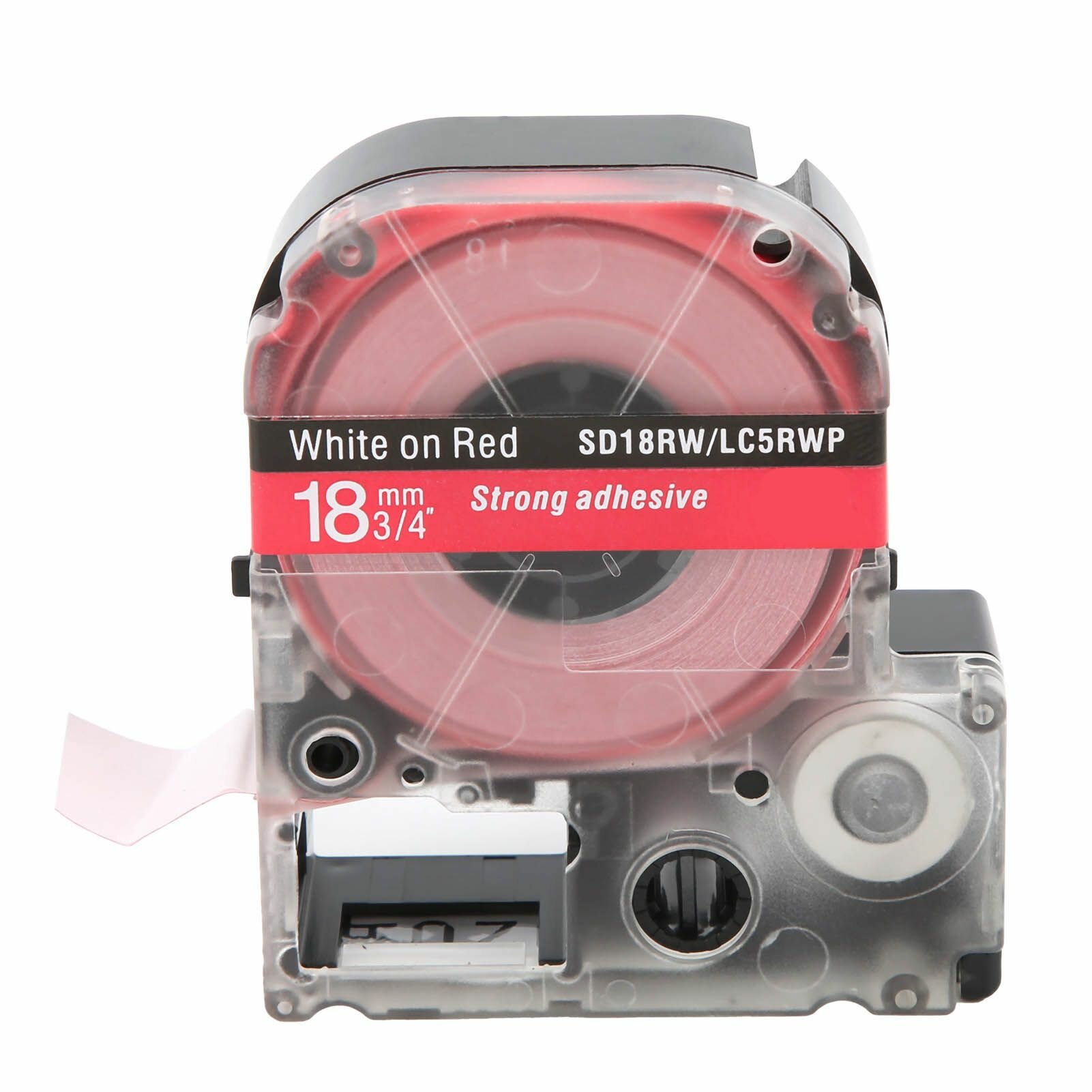 Ленточка для маркировки с повышенной устойчивостью к коррозии и износу 18 мм для принтера KING JIM / EPSON на белом фоне с красным текстом