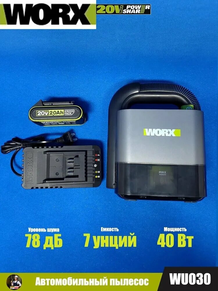Worx WU030 Домашний и автомобильный пылесос Мощный портативный циклонный пылесос 20 В 10 кПа, 1 аккумулятор 1 зарядное устройство