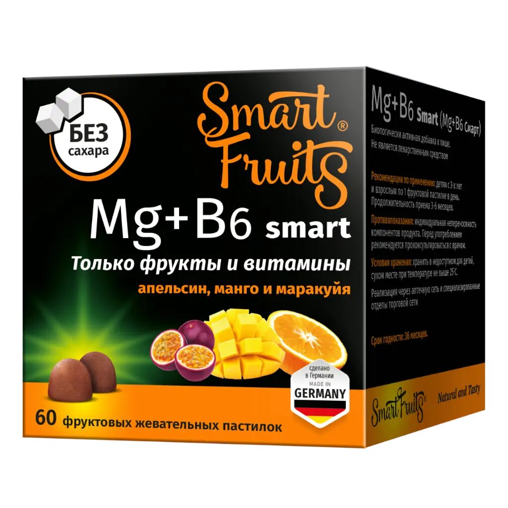 Смарт Фрутс Магний+B6 смарт/Smart Fruits Mg+B6 smart фруктовые жевательные пастилки массой 2,5 г 60 шт
