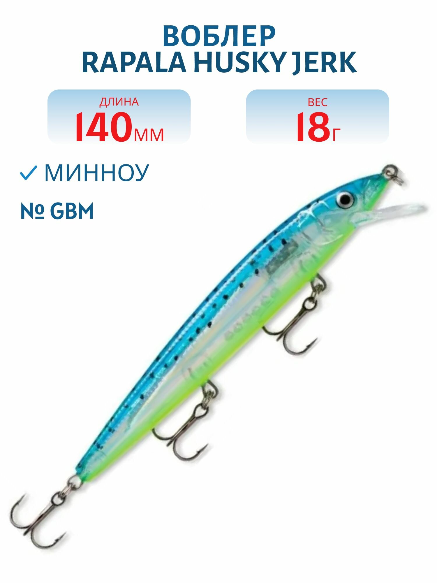 Воблер Rapala Husky Jerk 14, 140 мм, 18 гр, цвет GBM