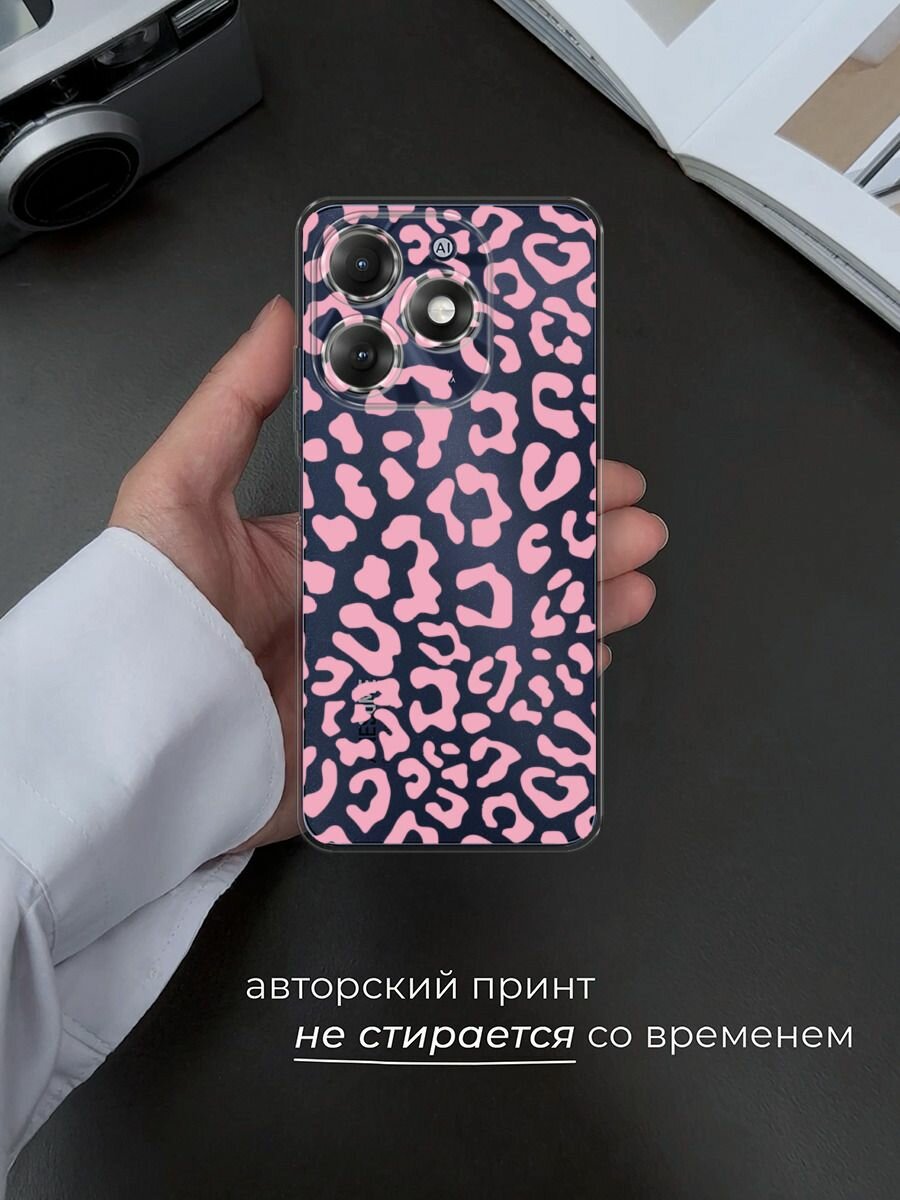 Чехол на Itel A70 / Ител А70 с принтом Паттерн розовый леопард, прозрачный — фото 1