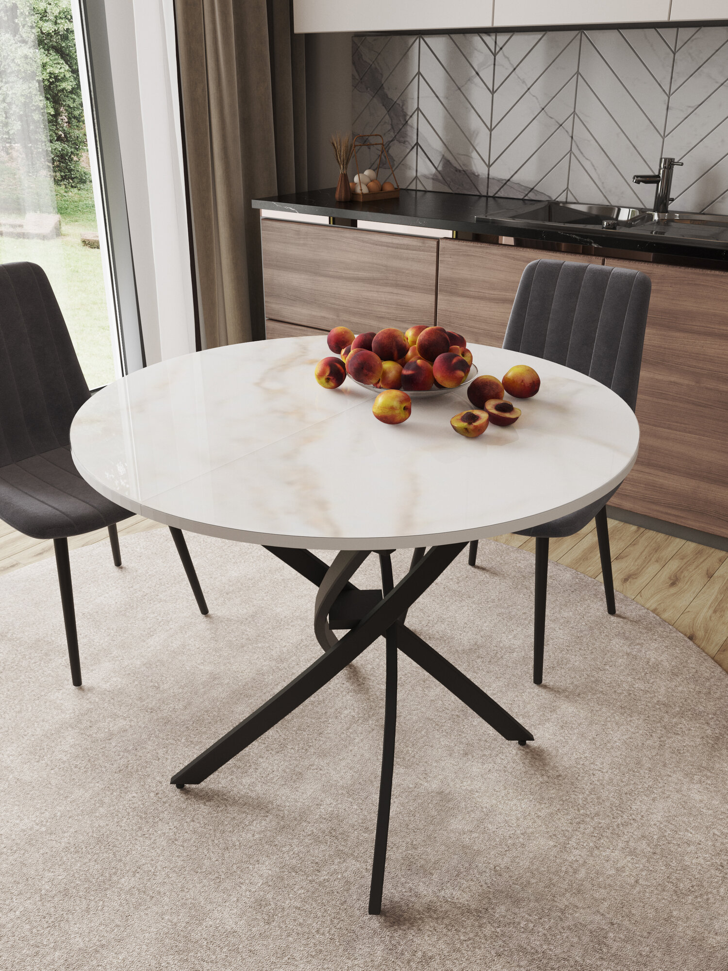 Стол раздвижной со стеклом 90/120х90см, стекло мрамор бежевый DL274, подстолье черное