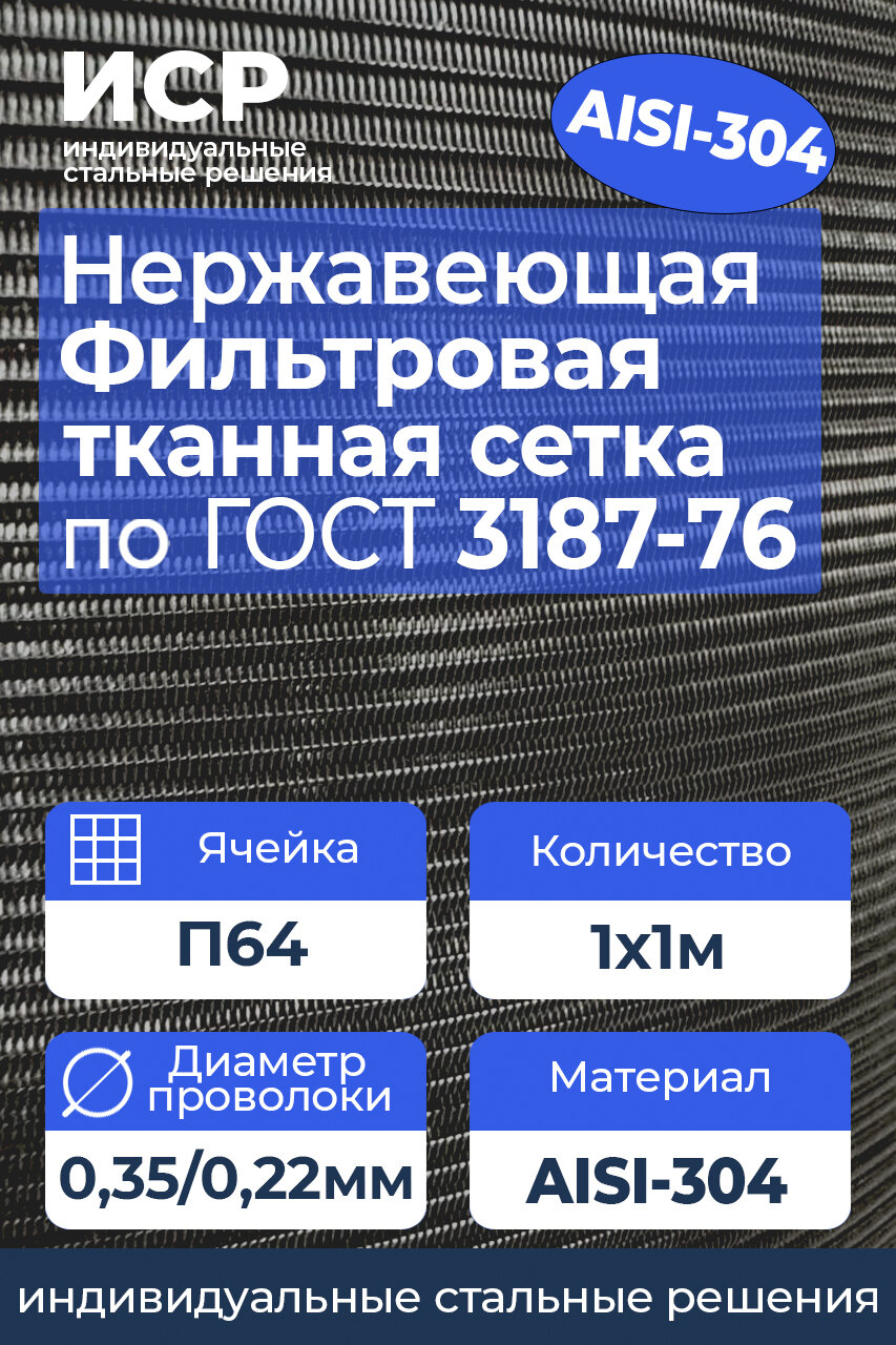 Сетка нержавеющая П64 Ячейка/проволока 0,35/0,22 ГОСТ 3187-76 Рулон 1х1метр