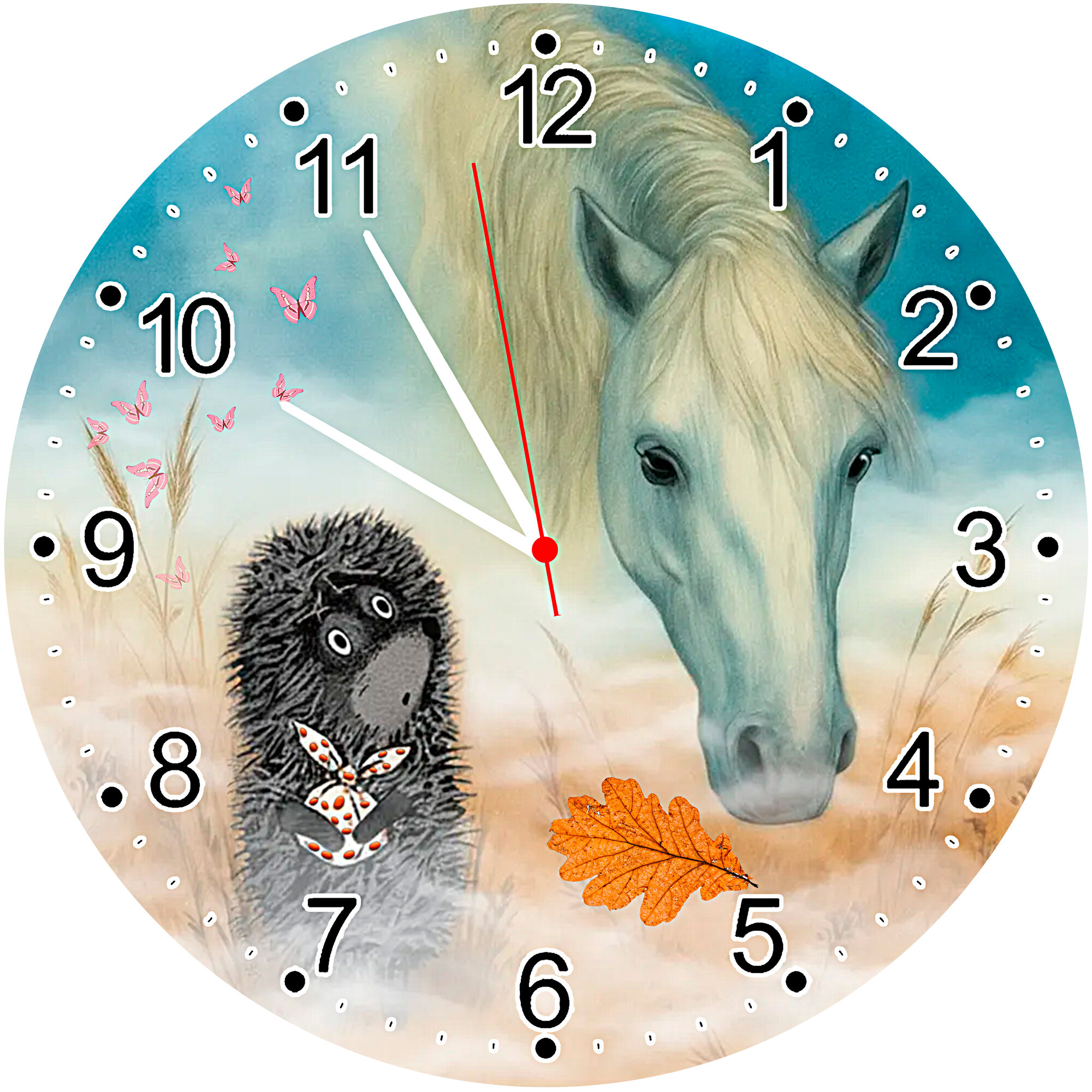 Ежик в тумане, лошадь, дубовый лист и ночные бабочки, Часы из древесины прессованной МДФ D 27 см, толщина 5 мм, Настенные и Настольные с подставкой в комплекте Бесшумные, Уютные, С любовью Новинка