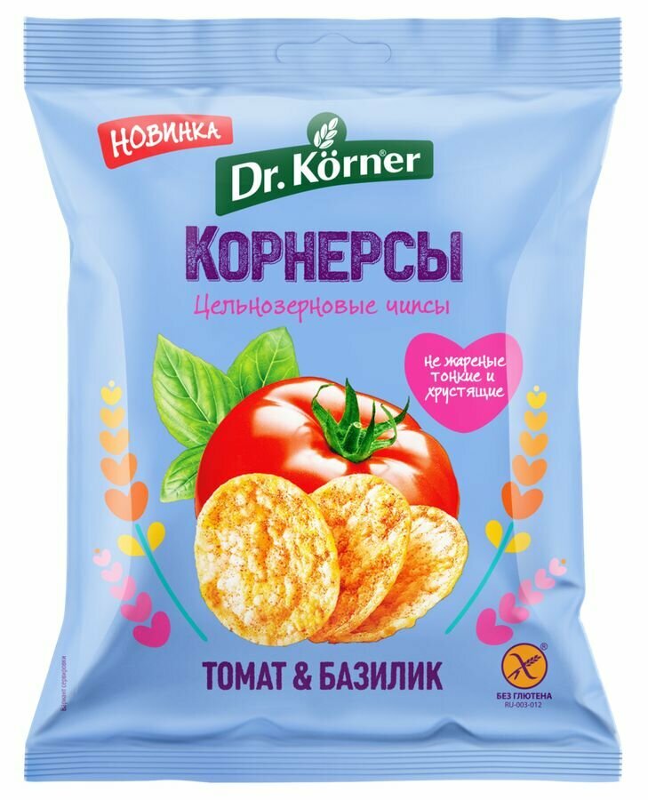 Чипсы рисово-кукурузные DR KORNER с томатом и базиликом, 50г