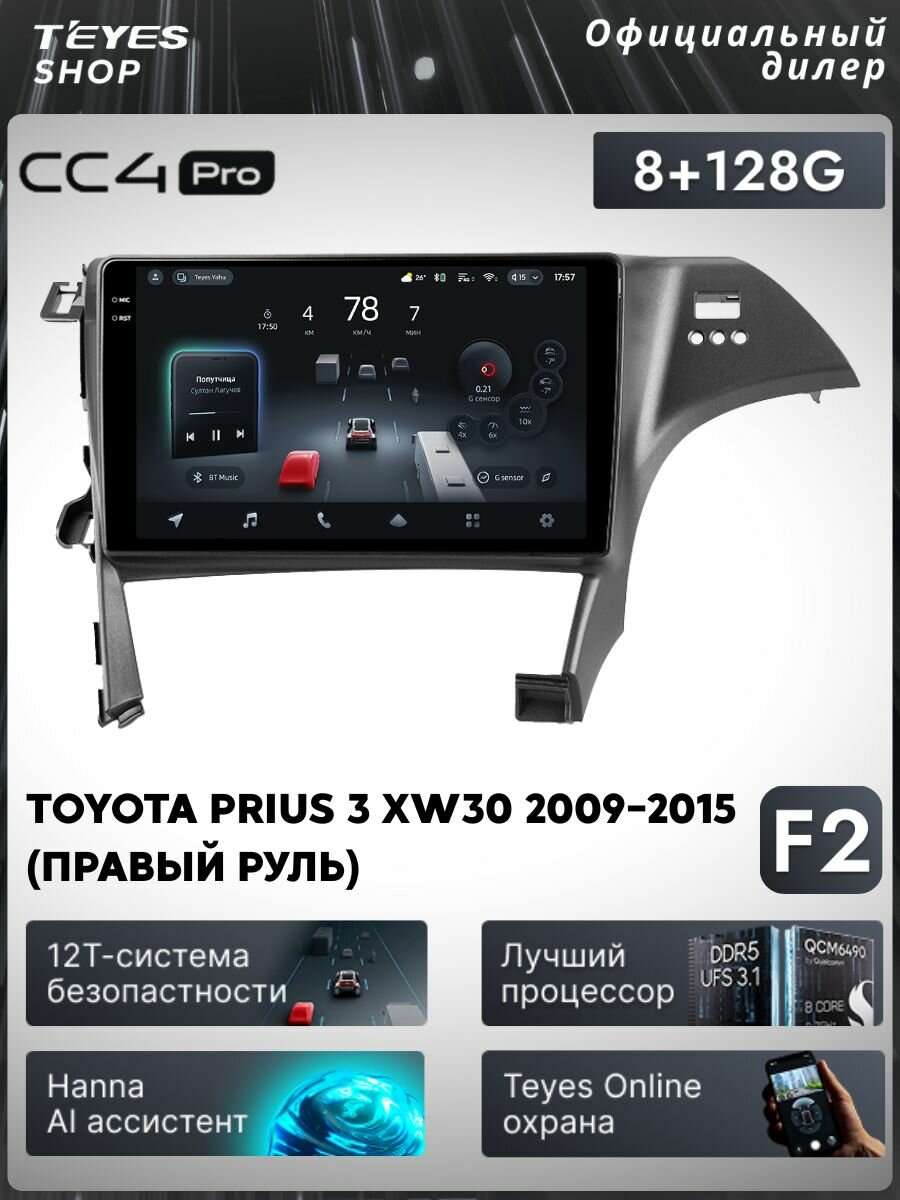 Магнитола Toyota Prius 3 XW30 (Right Hand Drive) 2009-2015 (Тип F2) Teyes CC4 Pro 8/128GB, штатная магнитола, 8-ми яде