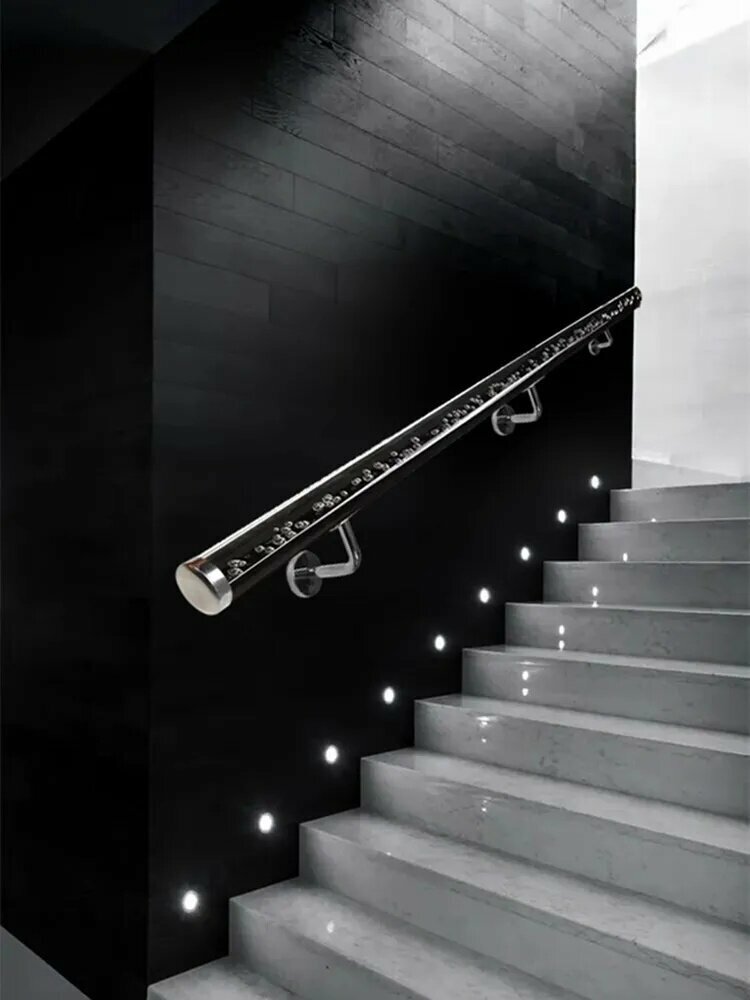 Перила лестничные, Из акрила, Поручни с эффектом пузырьки во льду, Фурнитура серебристого цвета, Круглая