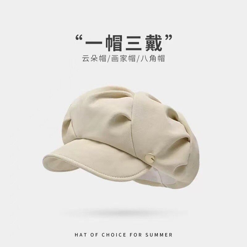 Милый мультяшный кожаный берет с кошачьими ушками, женский осенне-зимний милый крутой стиль, модная модная шляпа художника с художественным лицом, показывающая маленькие облака