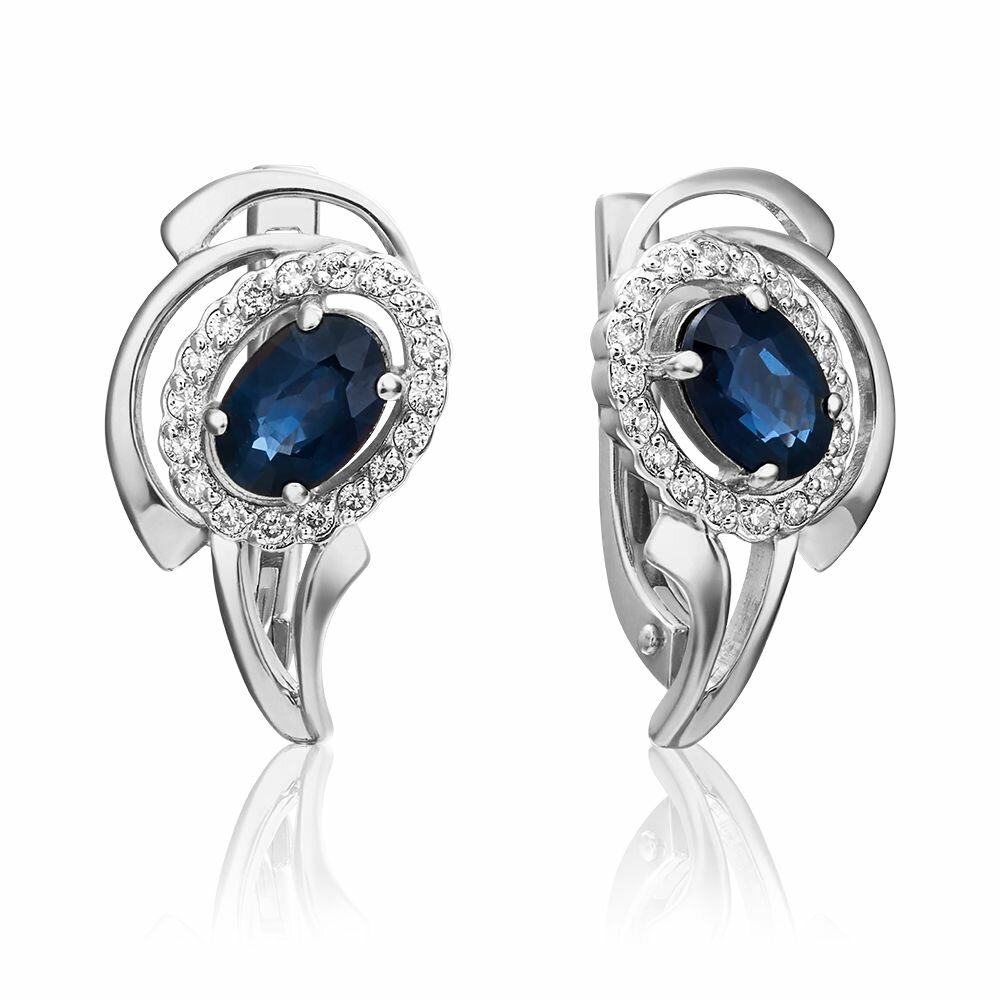 Серьги, белое золото, 585 проба, родирование, бриллиант, сапфир