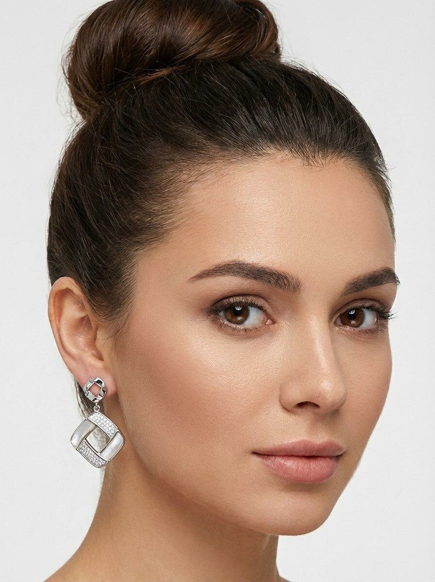 Серьги пусеты, с подвесками, серебро, 925 проба, родирование, перламутр, циркон