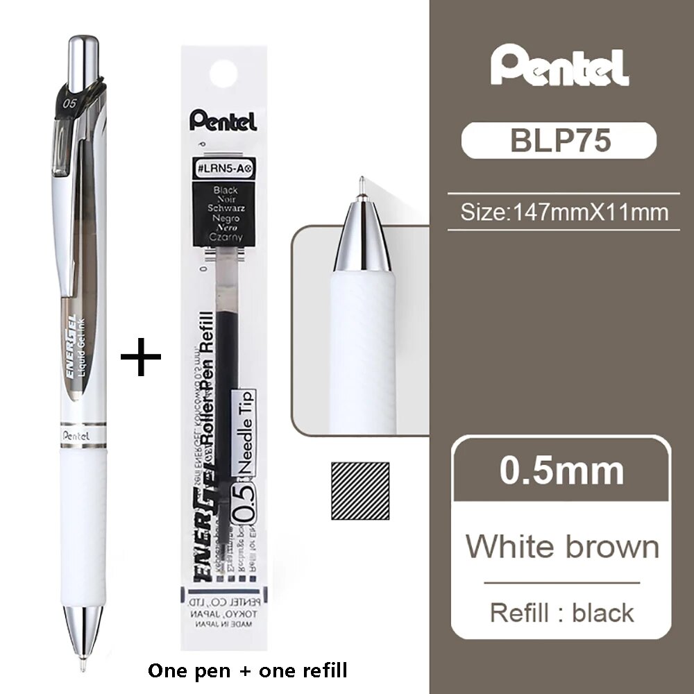 Гелевая ручка Pentel BLP75 0.5 мм, черный, белый корпус, 1 шт + 1 сменная головка