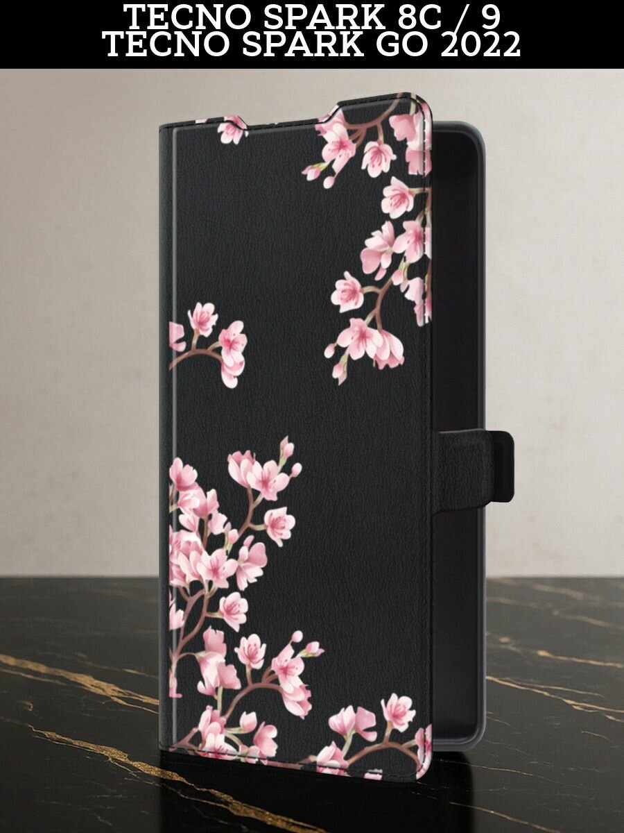 Чехол-книжка на Tecno Spark Go 2022 / 8С / 9 (Техно Спарк Гоу 2022 / Техно Спарк 8С / Техно Спарк 9) с картой и принтом "Весенняя сакура"