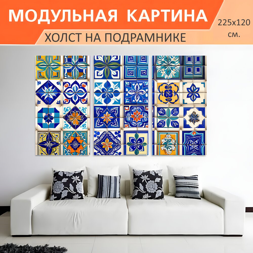Модульная картина на холсте "Рисунок геометрической плитки в стиле азулежу с проявлением различных оттенков синего, который." триптих на подрамнике 225х120 см. для интерьера