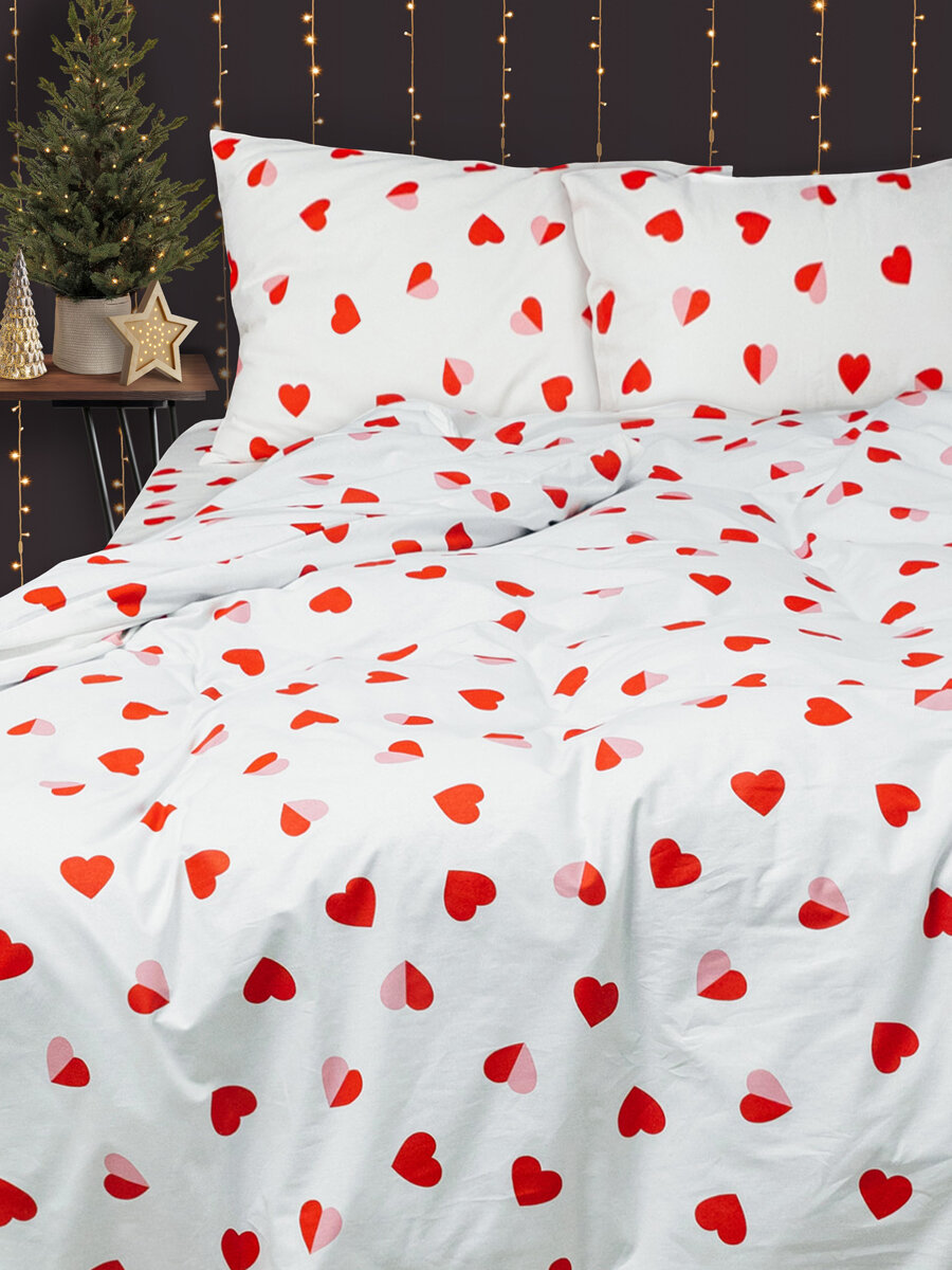 Постельное белье Uniqcute Евро, Поплин, наволочки 50х70 см, Сердечки, Романс