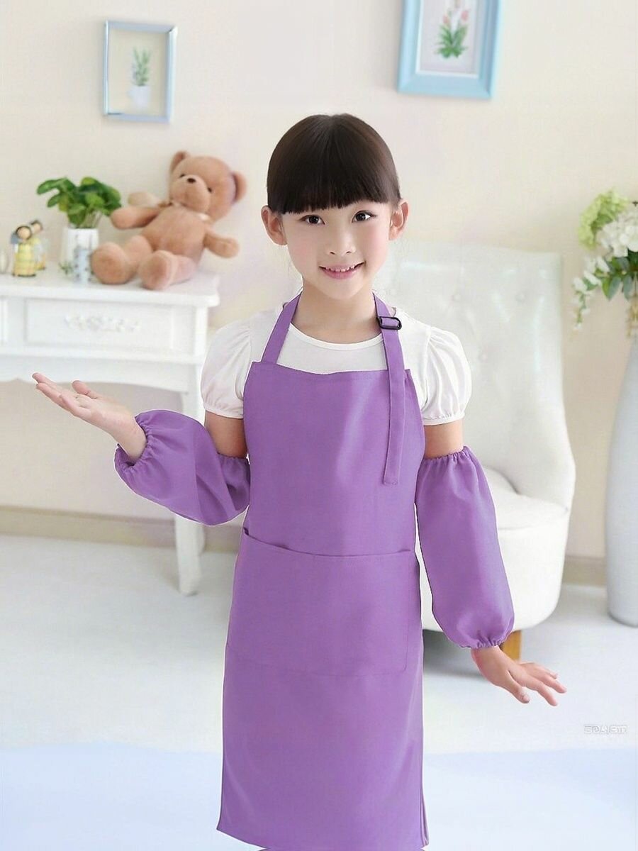 Детский школьный фартук для рисования и труда 45x54 см (M), водоотталкивающий с нарукавниками и 3 карманами для творчества и уроков труда