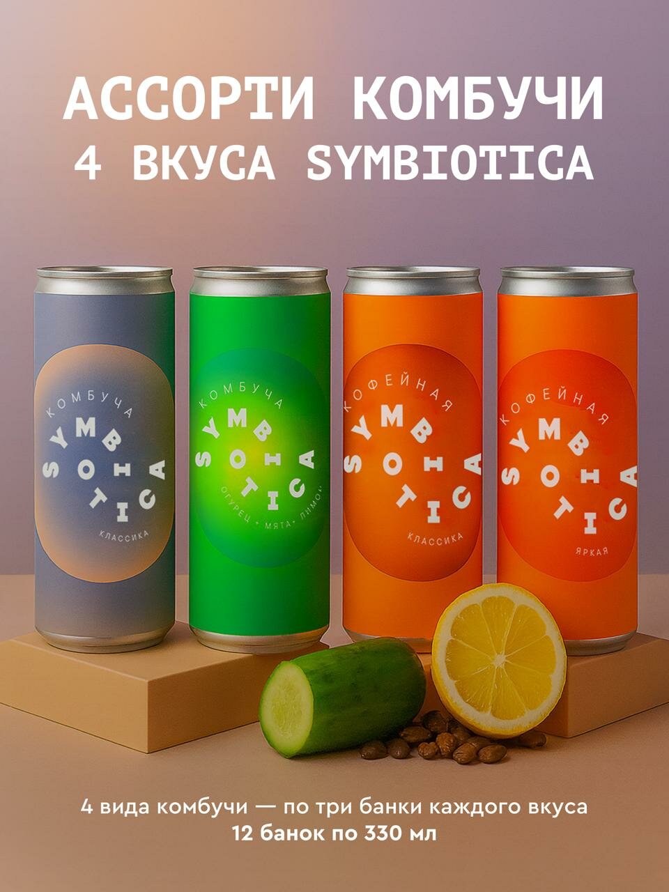 Напиток в банках Ассорти Комбучи "4 вкуса" Symbiotica - 12 банок по 330 мл