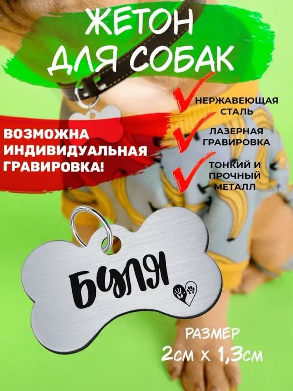 Адресник для собаки с гравировкой, нерж. сталь, серебристый, Буля