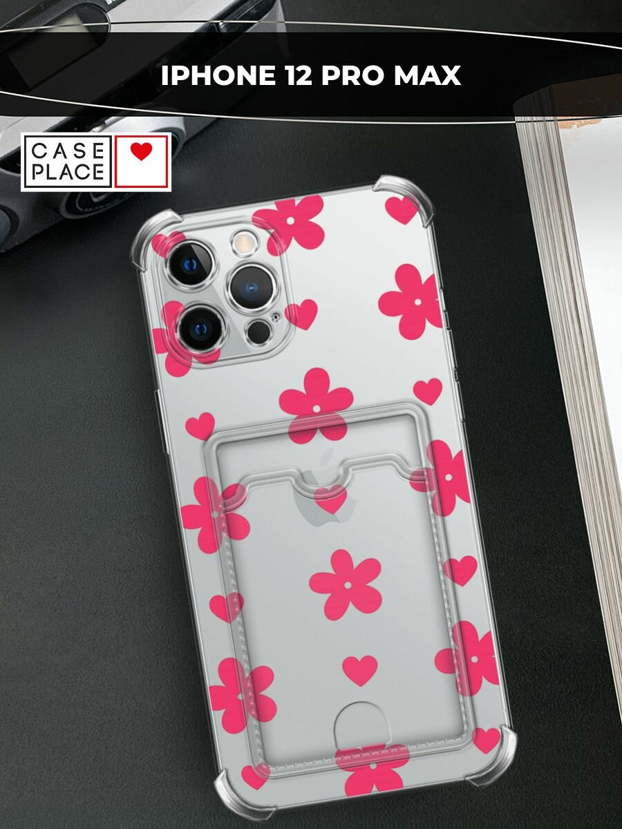 Чехол на Apple iPhone 12 Pro Max (Айфон 12 Про Макс) с картой и принтом Ярко-розовые цветочки