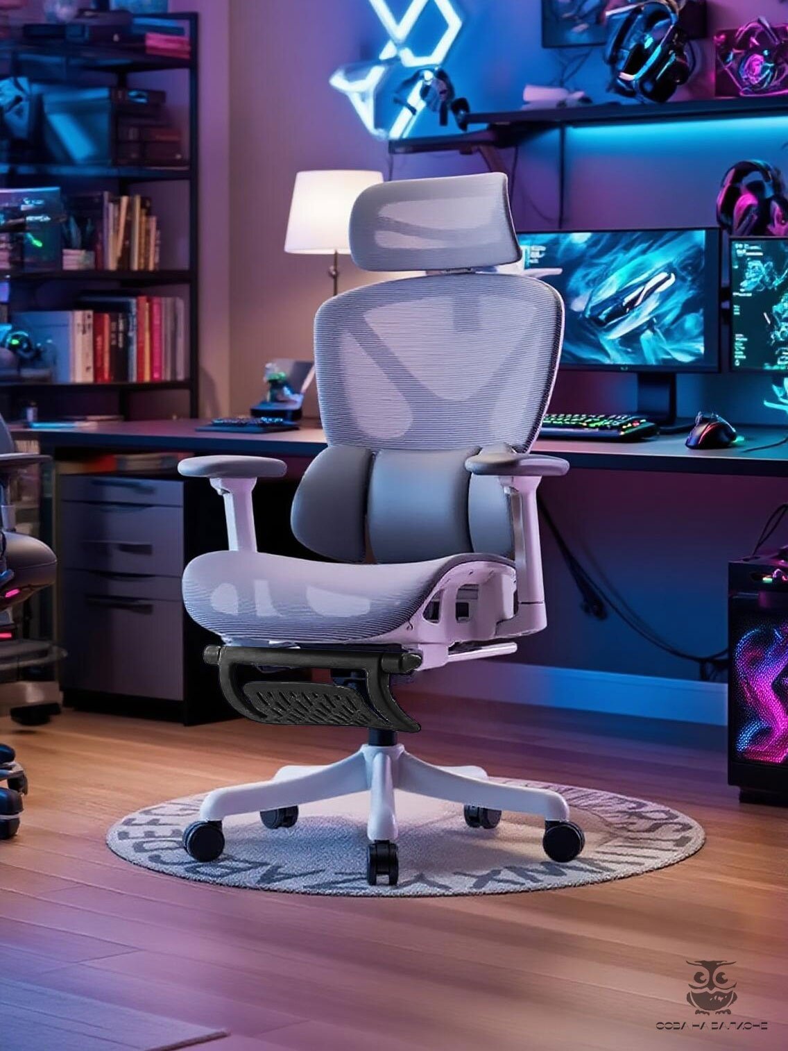 Кресло офисное сова на балконе, 5Д-подголовник и 3Д-подлокотники, серо-белый