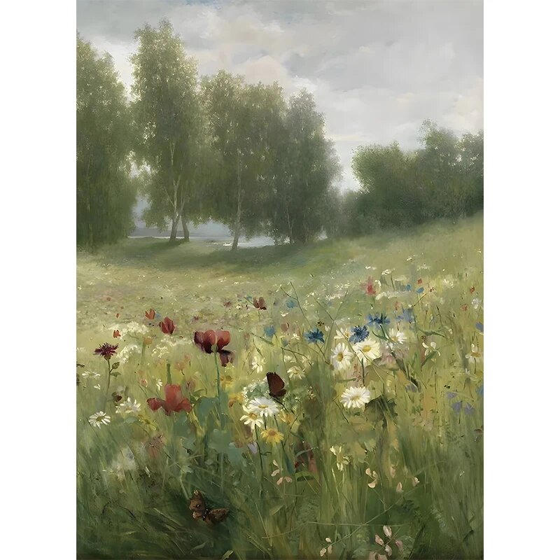 Пейзаж с цветами, 50x70см, красный, без рамы