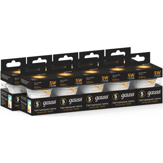 Светодиодная лампа Gauss Лампа MR16 5W 500lm 3000K GU10 диммируемая LED 1/10/100