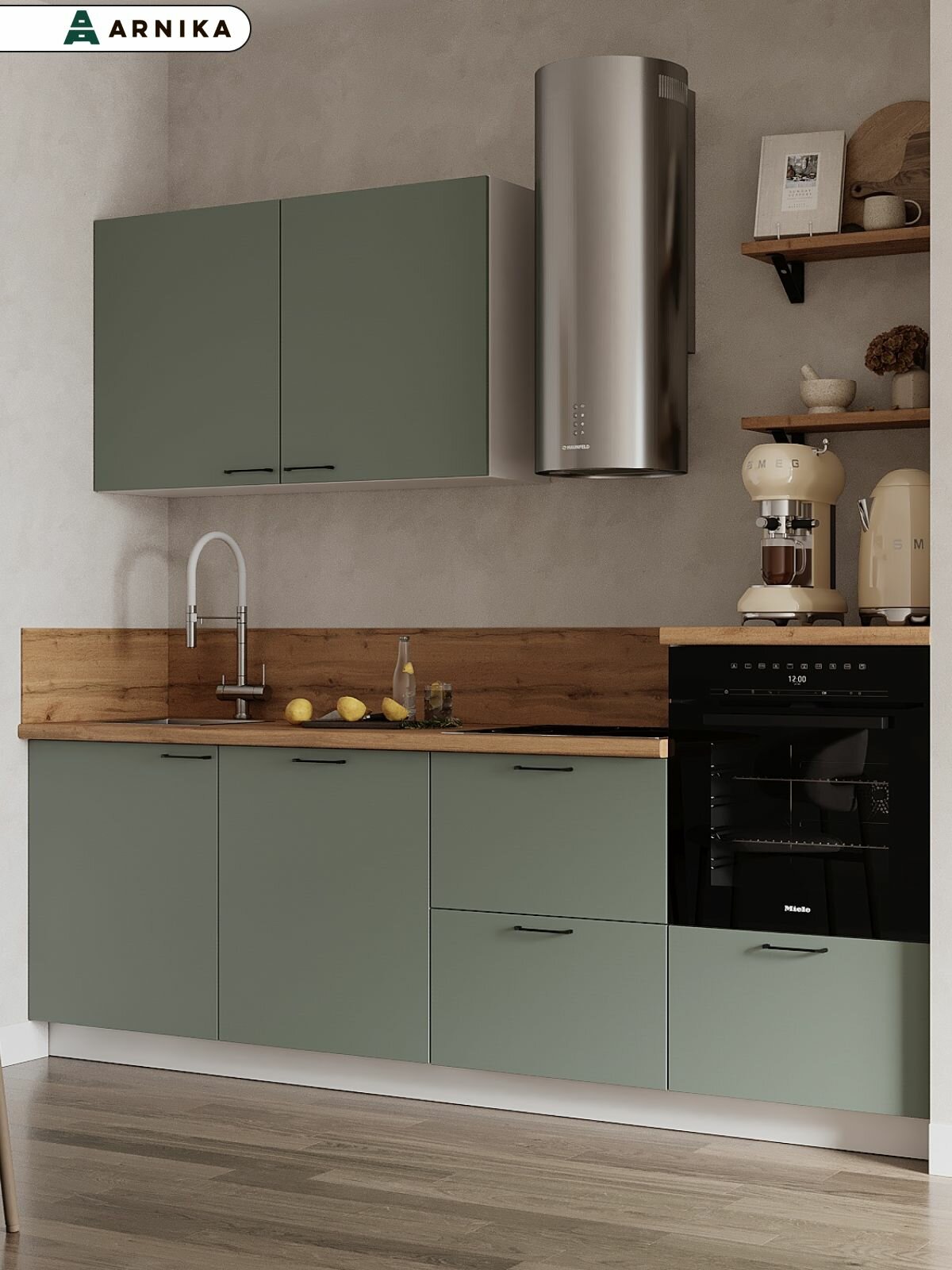 ARNIKA Кухонный гарнитур со столешницей "Дакия" 2,4м х цвет олива (зеленый), фасад Эмаль