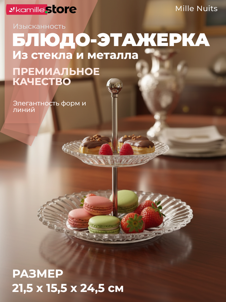 Блюдо-этажерка из стекла, 2 яруса 21,5х24,5 см, Mille Nuits (прозрачный)