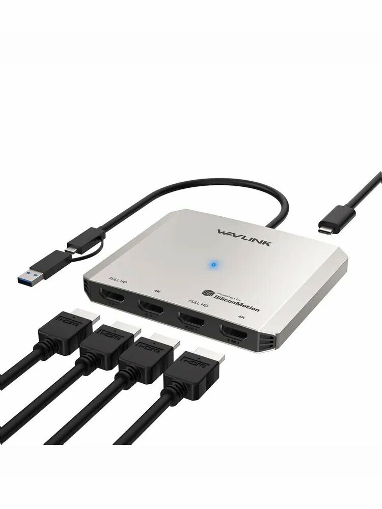 WAVLINK тырехъядерный дисплейный адаптер с 2 x 4K при 30 Гц и 2 x 1080P при 60 Гц HDMI