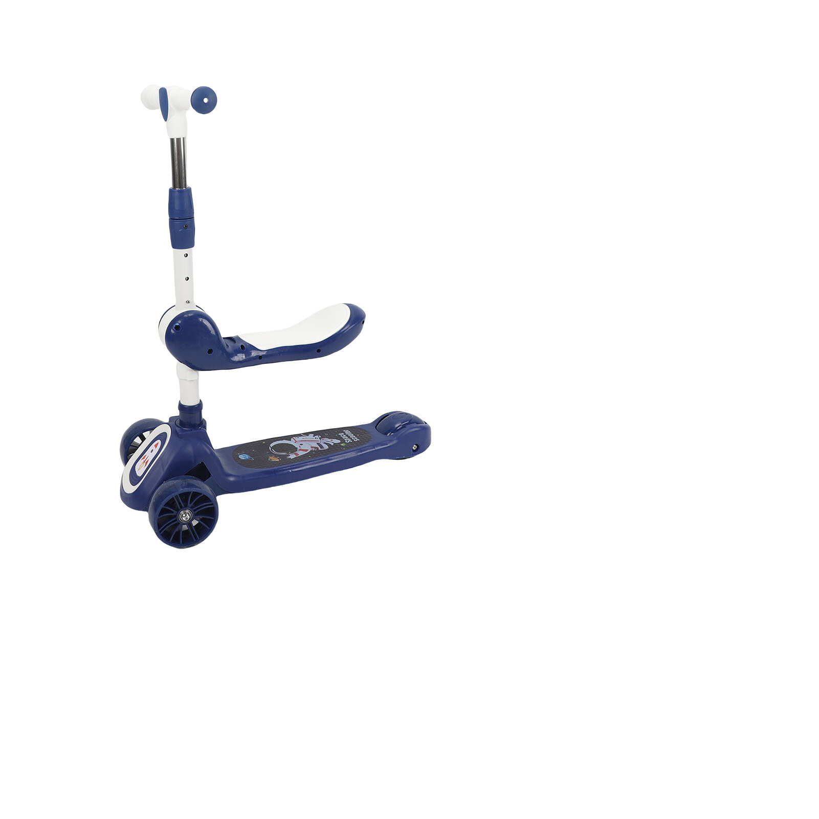 Складной детский самокат с сиденьем, музыкой и светящимися колесами, для детей от 1 до 10 лет, регулируемая высота, синий.