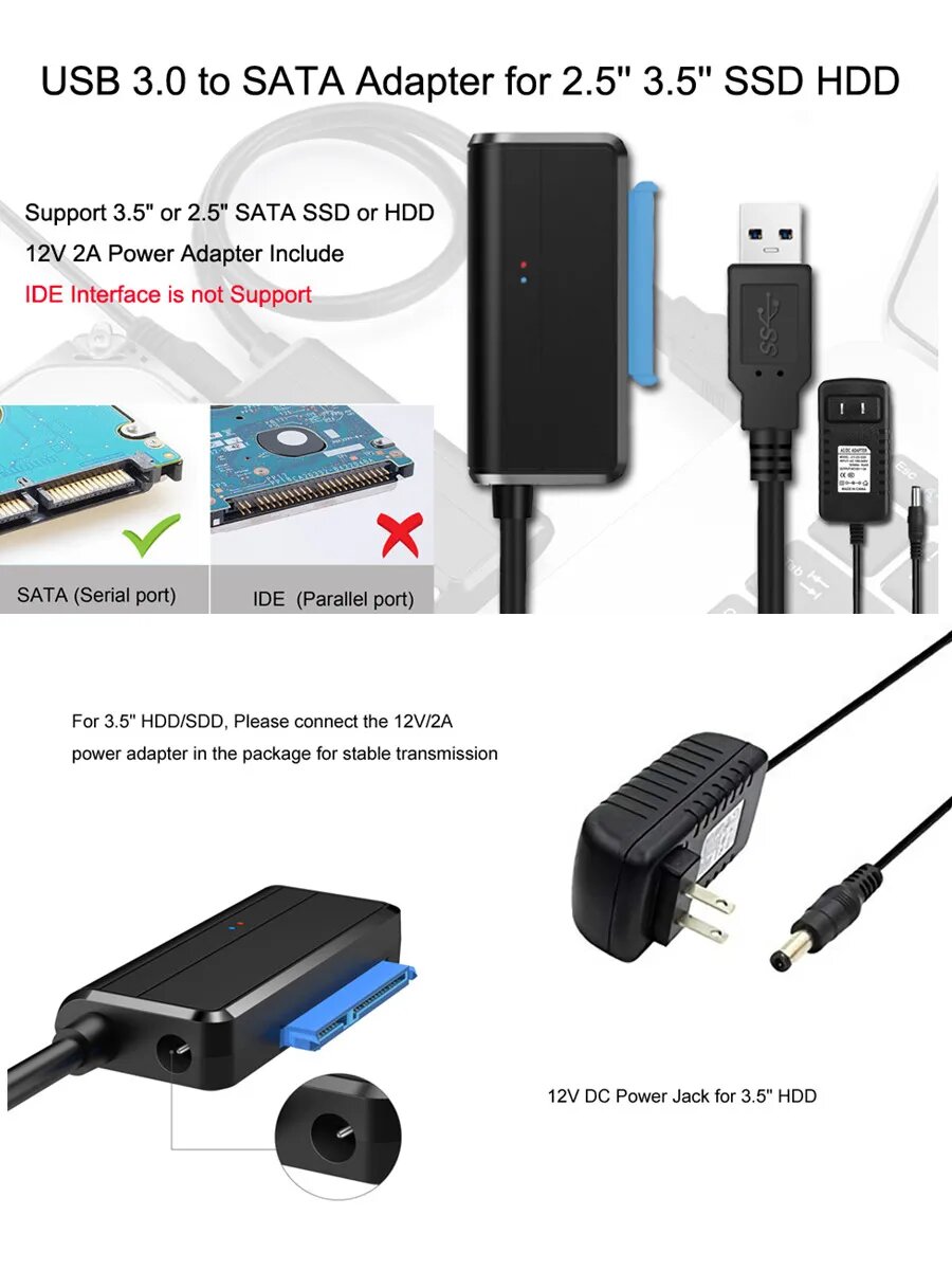 Кабель-адаптер SATA к USB 3.0 для 2,5-3,5-дюймовых жестких дисков и SSD-накопителей SAT