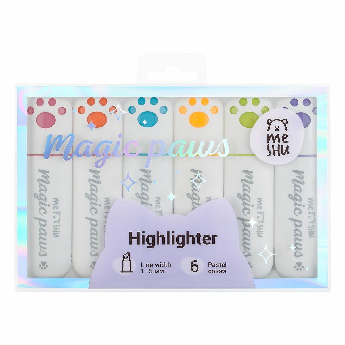 Набор маркеров-текстовыделителей MESHU Cute Paws (1-5мм, 6 цветов пастель) ПВХ-бокс (MS_65931), 12 уп.