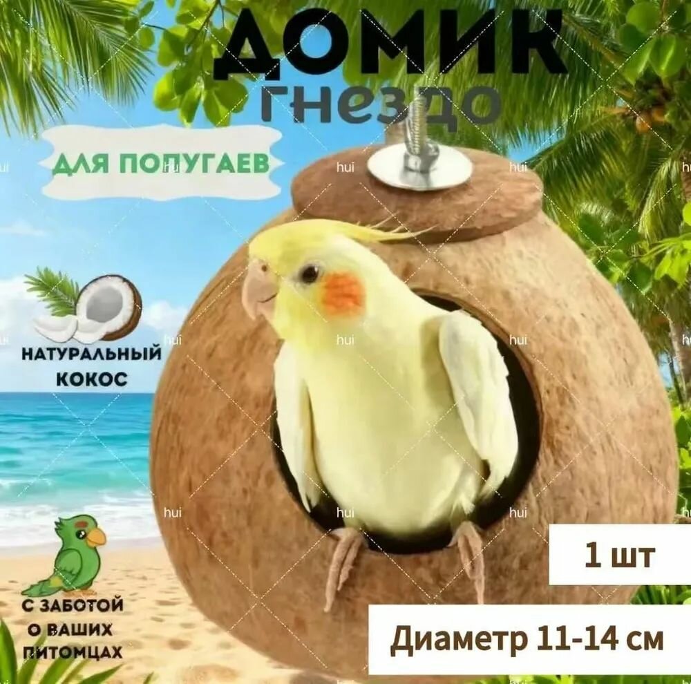 Гнездо для попугая из натурального кокоса и мусора, диаметр кокоса: 11-14 см, 1 шт