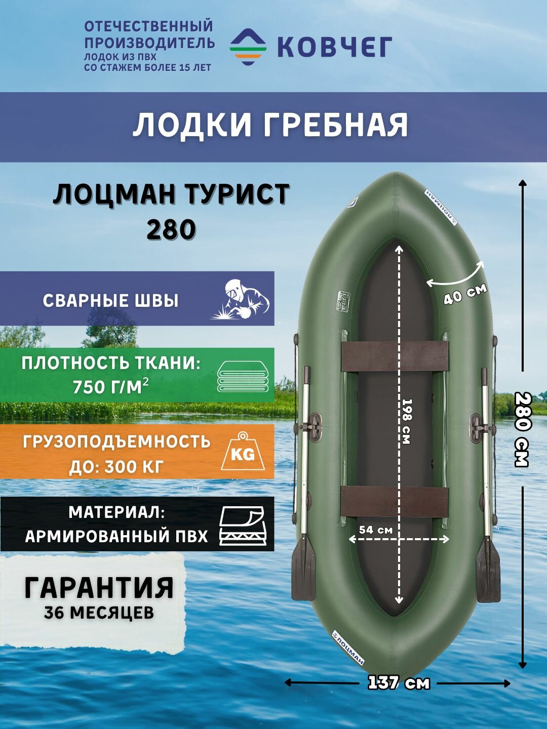 Лодка ПВХ гребная для рыбалки Лоцман Турист 280 (зеленая)