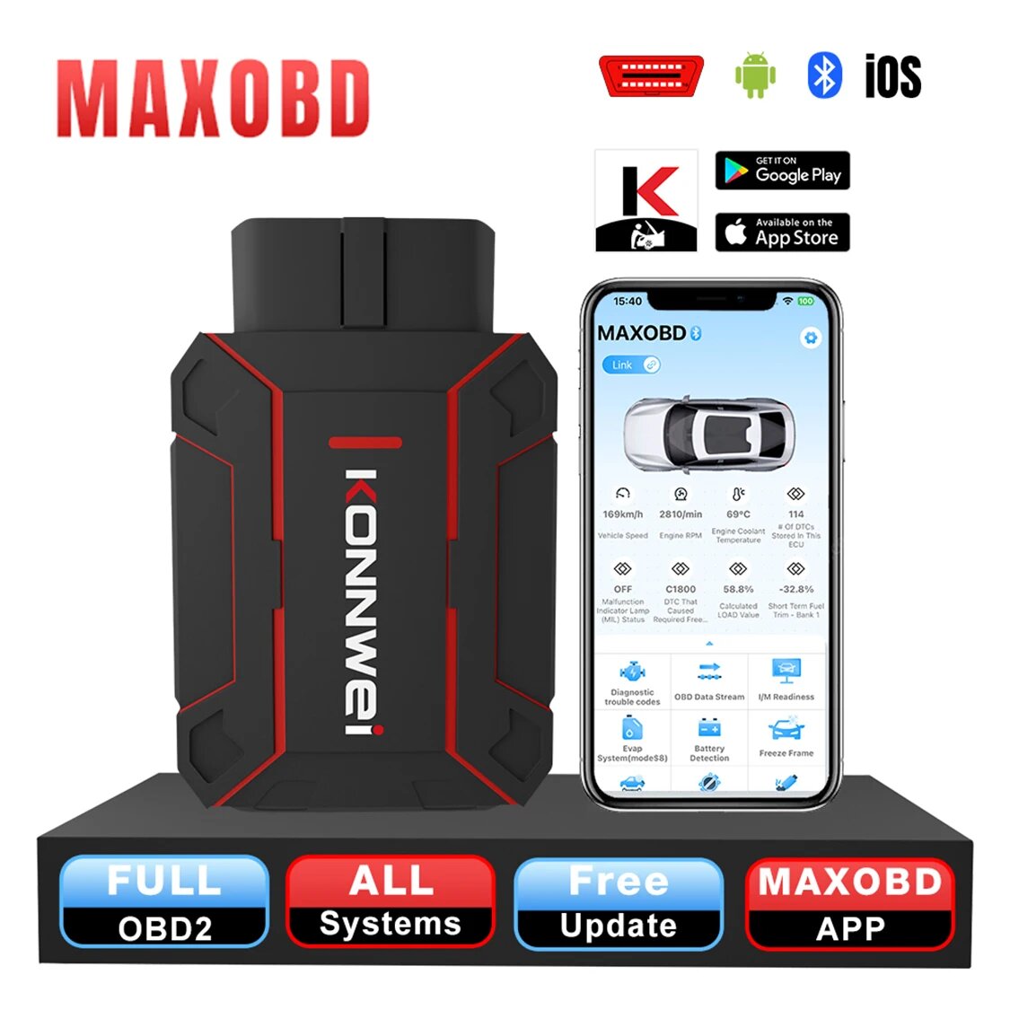 Диагностический сканер KONNWEI MAXOBD 2026 для автомобилей, OBDII, полная диагностика систем SAS, SRS, ABS, глубокий сканер с Bluetooth-подключением, инструмент для диагностики OBD2