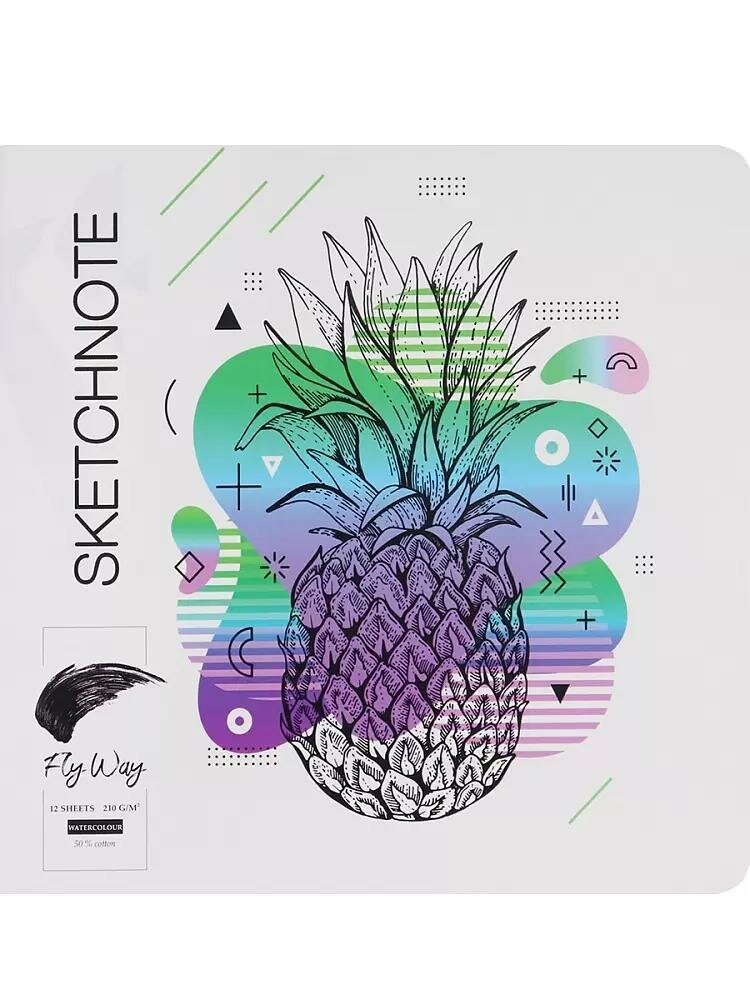 Скетчноут Проф-пресс 185х185 мм, 12 листов, FlyWay "Ананас в графике", сшивка, хлопок 50%, 210 г/м2 (12-7961)