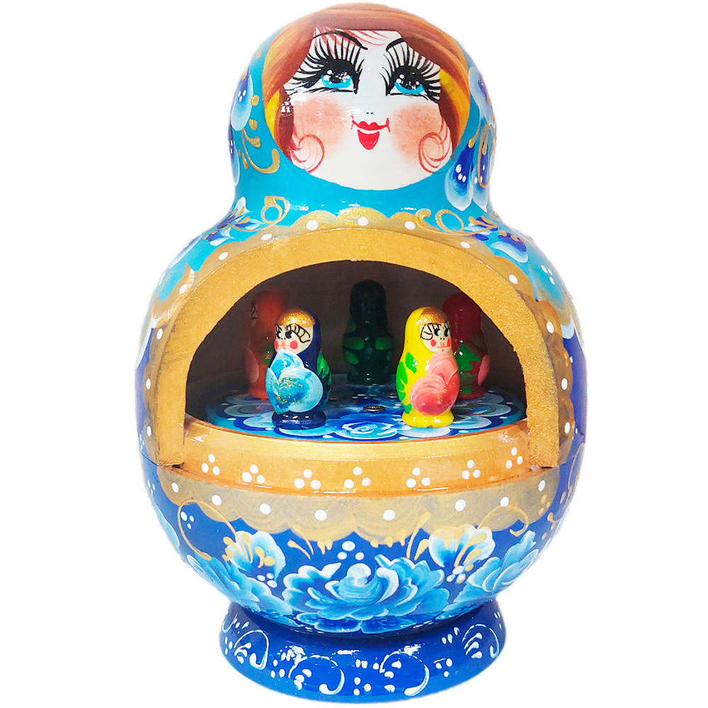 Деревянная музыкальная кукла ручной работы "Матрешка" (гжель)