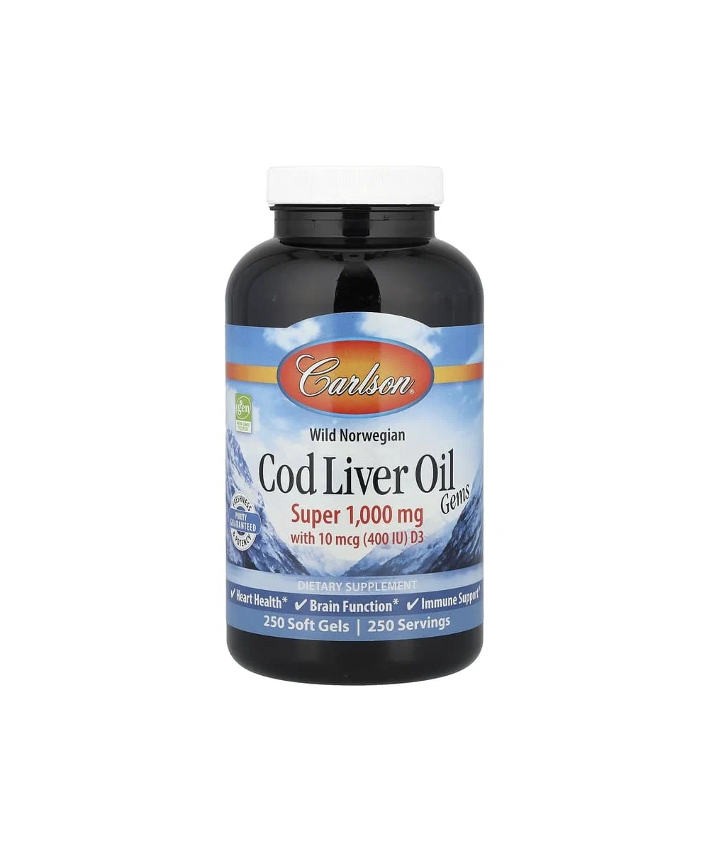 Carlson Cod Liver Oil Super with D3, Капсулы из жира печени трески 1000 мг с Д-3 10 мкг (400 МЕ) 250 гел. капсул