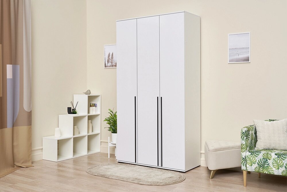 Шкаф для вещей с полками распашной трехстворчатый 3 двери 1 штанга Норд, 120х224х51 см, Белый / Белый глянец