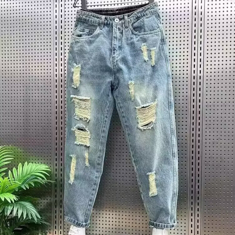 Тренд RONG CH Мужские Джинсы Лето Потертые Кроп Слим Стрейт Кэжуал Деним, Размер_36