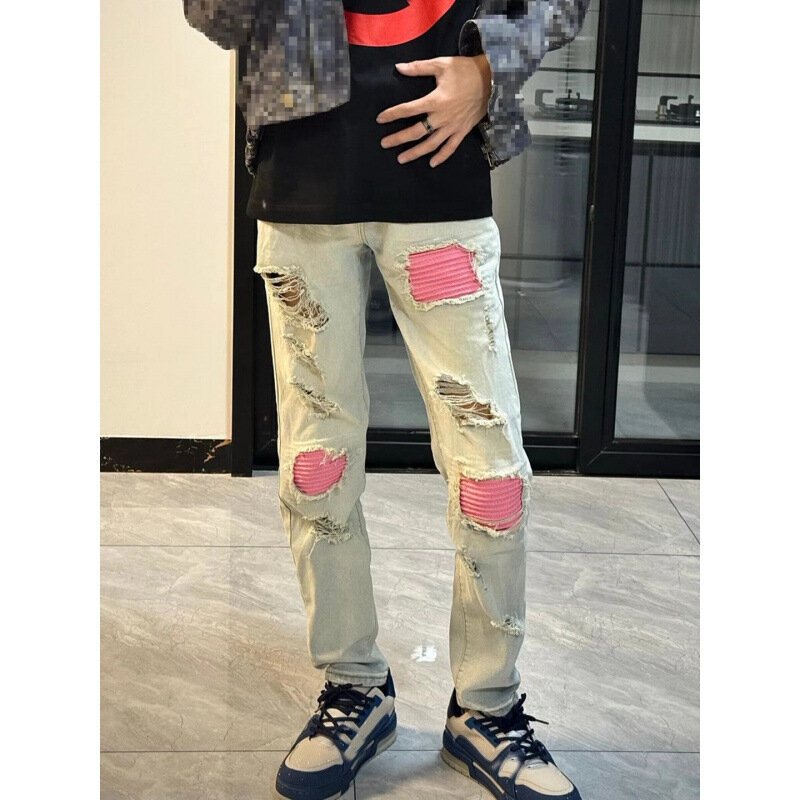 Тренд RONG CH Мужские Джинсы Американские Расширенные Потертые Пэч Двухцветные Деним, Размер_M