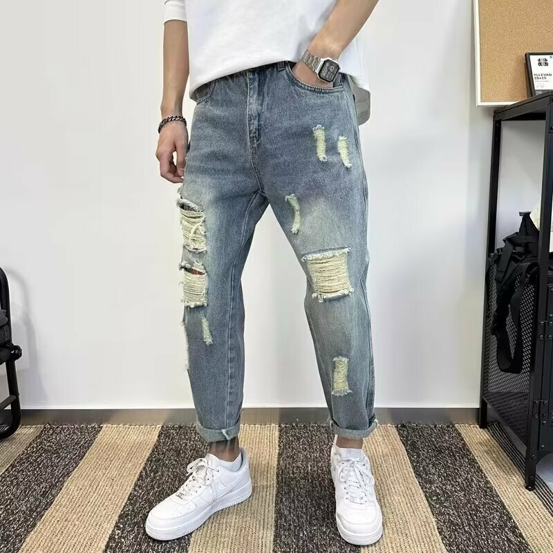 Тренд RONG CH Мужские Джинсы Лето Потертые Свободные Харем Кроп Деним, Размер_33