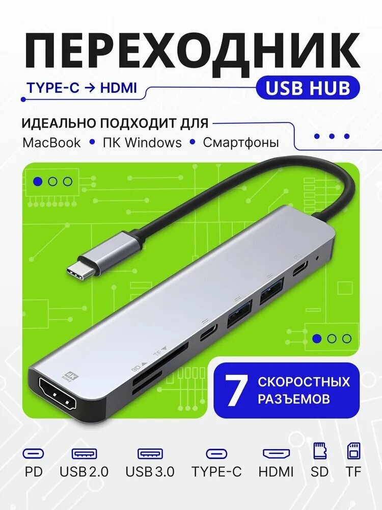 Переходник MNew, для MacBook, Type-C, USB, HDMI, концентратор, серебристый