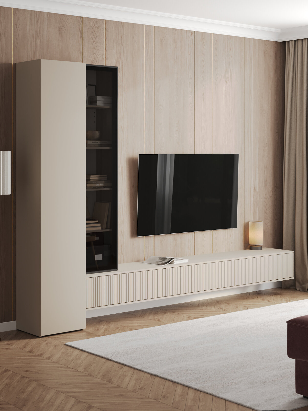 Гостиная комплект Амели Макси, тумба под телевизор 2 шт, шкаф-витрина, шкаф-пенал, 314.5х41.6х231 см, Кашемир